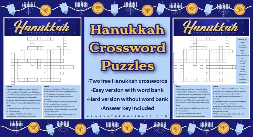 Free Printable Hanukkah Crossword Puzzle (PDF & JPG)