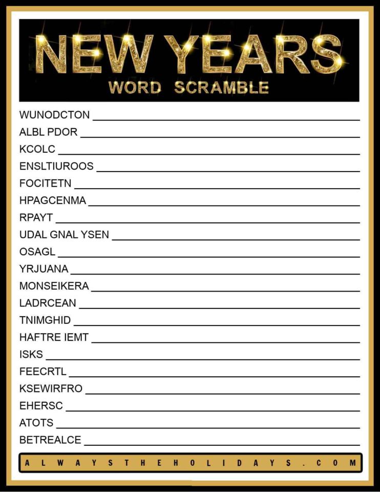 Free Printable New Year's Word Scramble (PDF & JPG Versions)