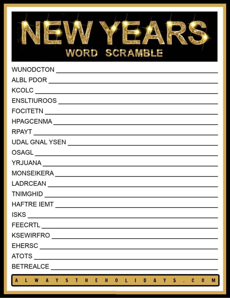 Free Printable New Year's Word Scramble (PDF & JPG Versions)