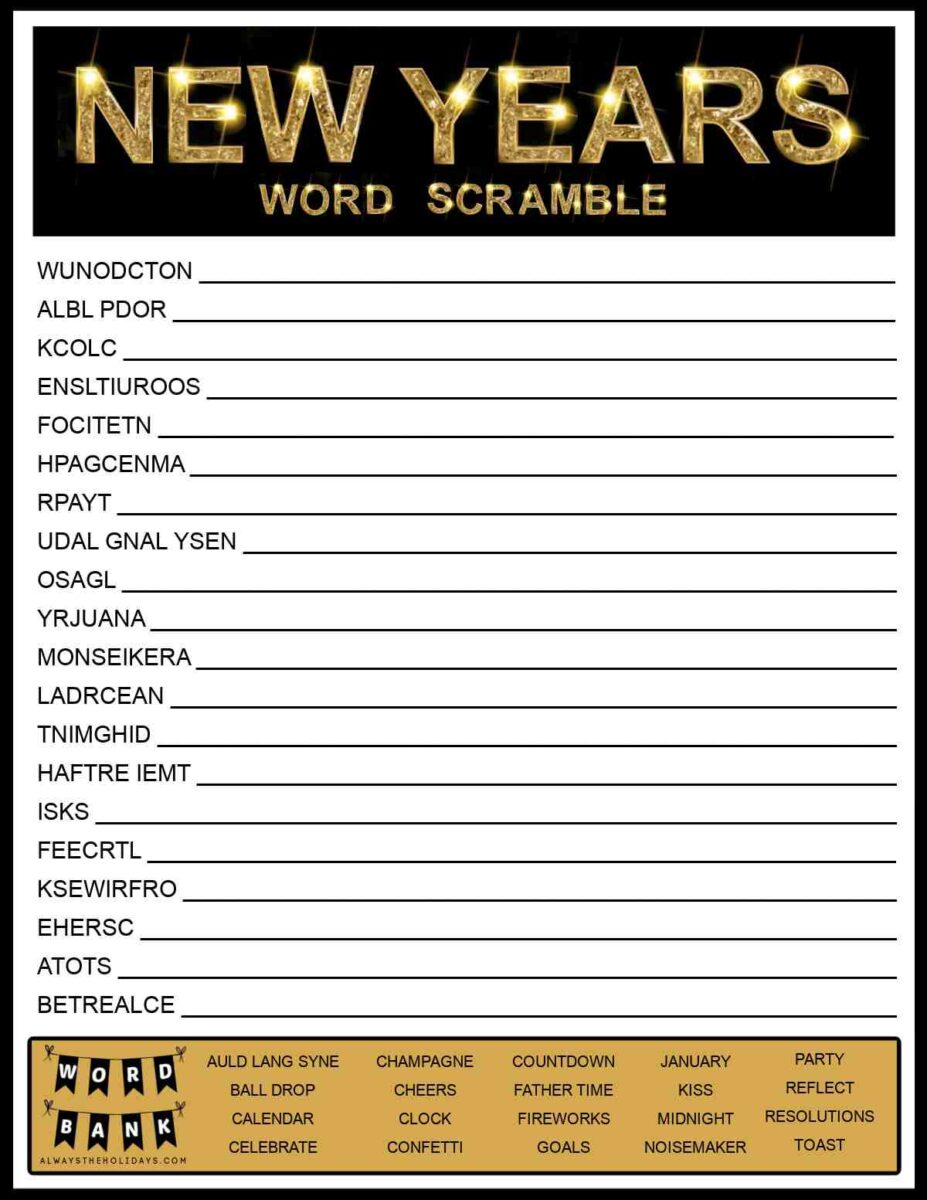 Free Printable New Year's Word Scramble (PDF & JPG Versions)