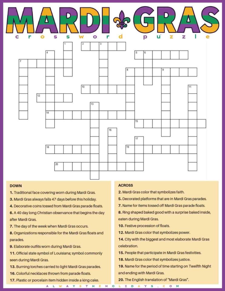 Free Mardi Gras Crossword Puzzle Printable (PDF & JPG)