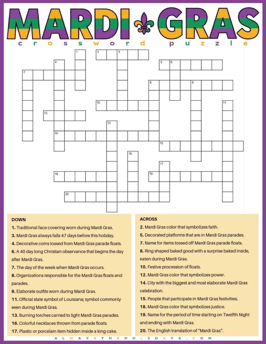 Free Mardi Gras Crossword Puzzle Printable (PDF & JPG)