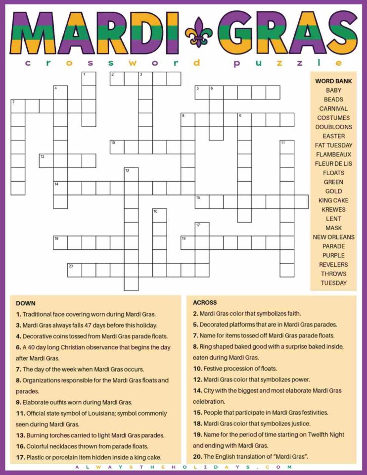 Free Mardi Gras Crossword Puzzle Printable (PDF & JPG)