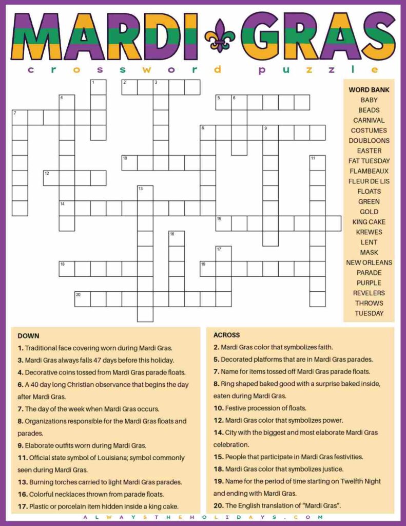 Free Mardi Gras Crossword Puzzle Printable (PDF & JPG)