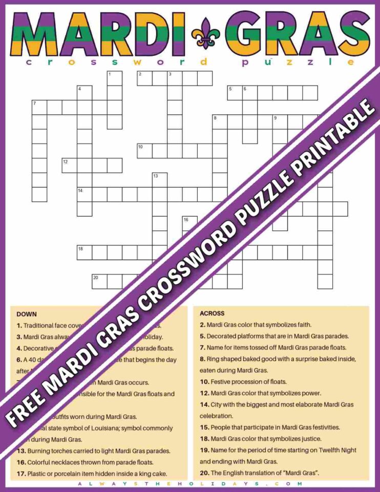 Free Mardi Gras Crossword Puzzle Printable (PDF & JPG)
