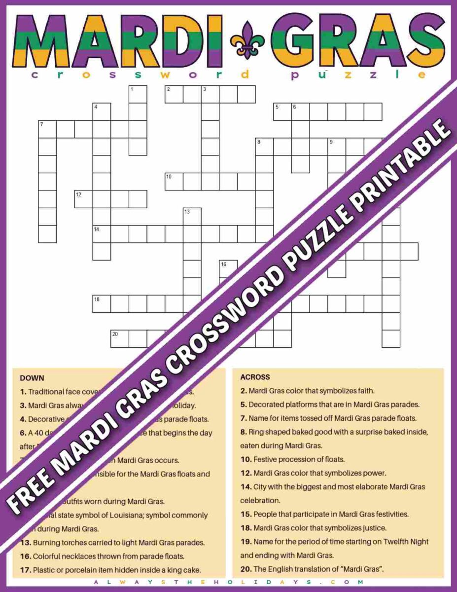 Free Mardi Gras Crossword Puzzle Printable (PDF & JPG)