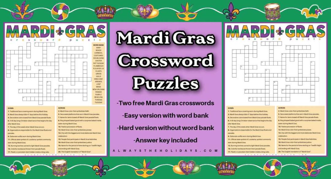 Free Mardi Gras Crossword Puzzle Printable (PDF & JPG)