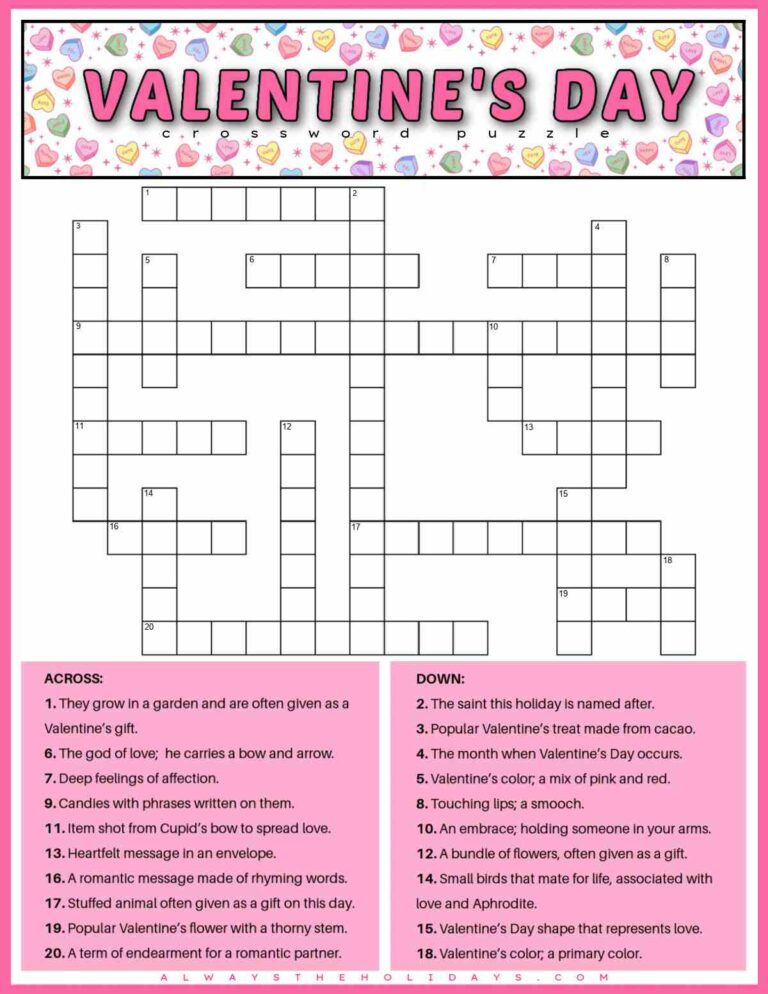 Free Printable Valentine's Day Crossword Puzzle (PDF & JPG)