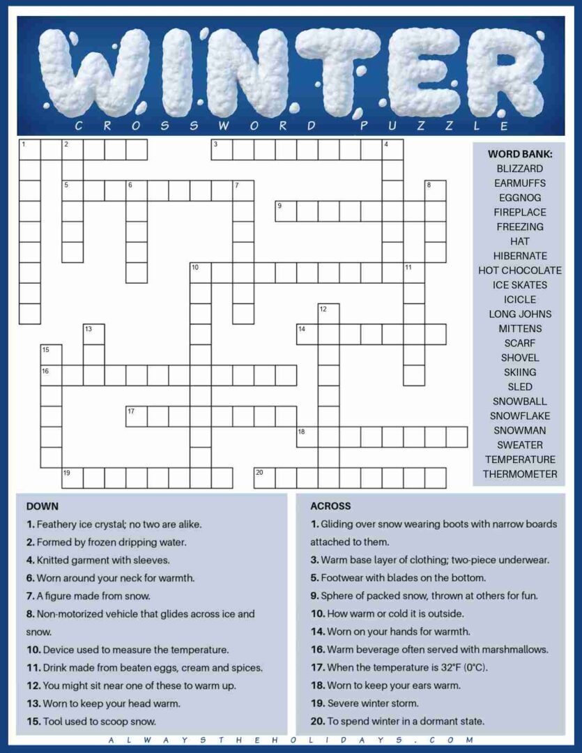 Free Winter Crossword Puzzle Printable with Answers (PDF & JPG)