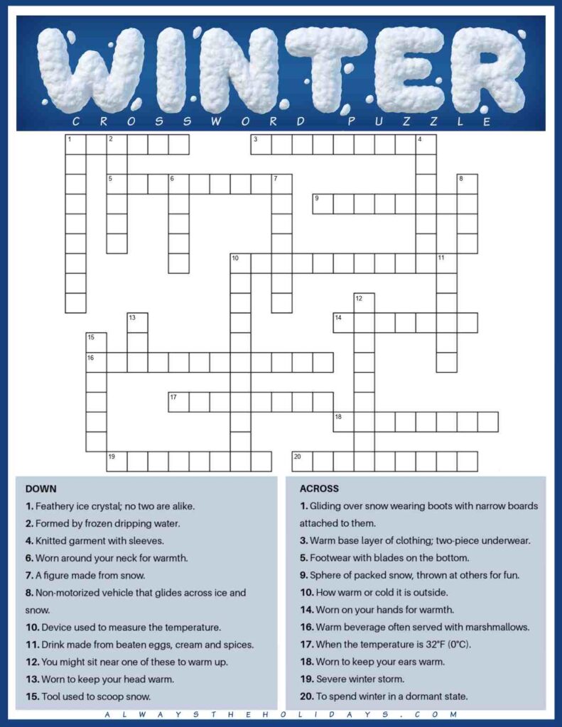 Free Winter Crossword Puzzle Printable with Answers (PDF & JPG)