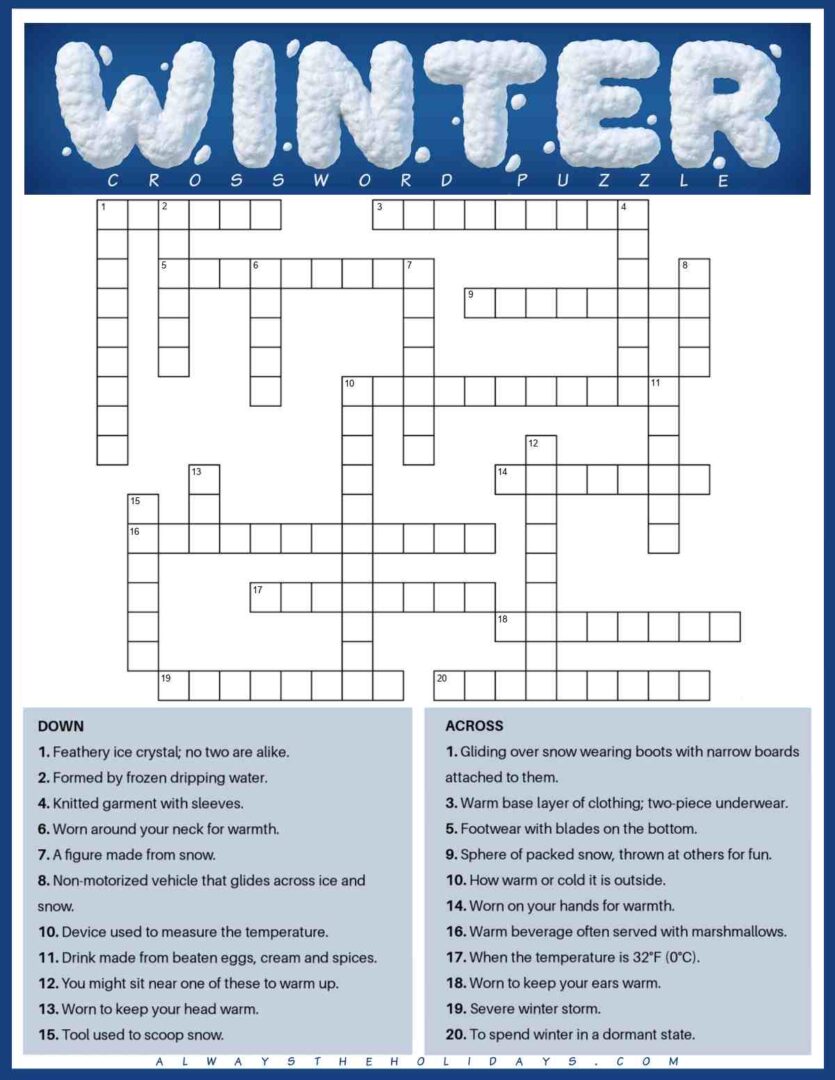 Free Winter Crossword Puzzle Printable with Answers (PDF & JPG)