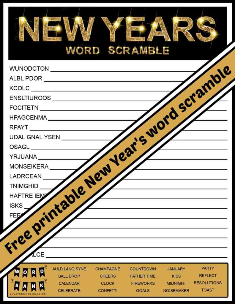 Free Printable New Year's Word Scramble (PDF & JPG Versions)